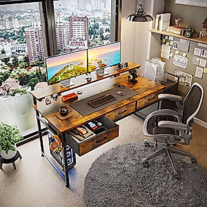 ODK 55 inch Computer Desk with Drawers, Home Office Desk with Adjustable Monitor Stand, Modern Work Study Writing Table Desk, Vintage