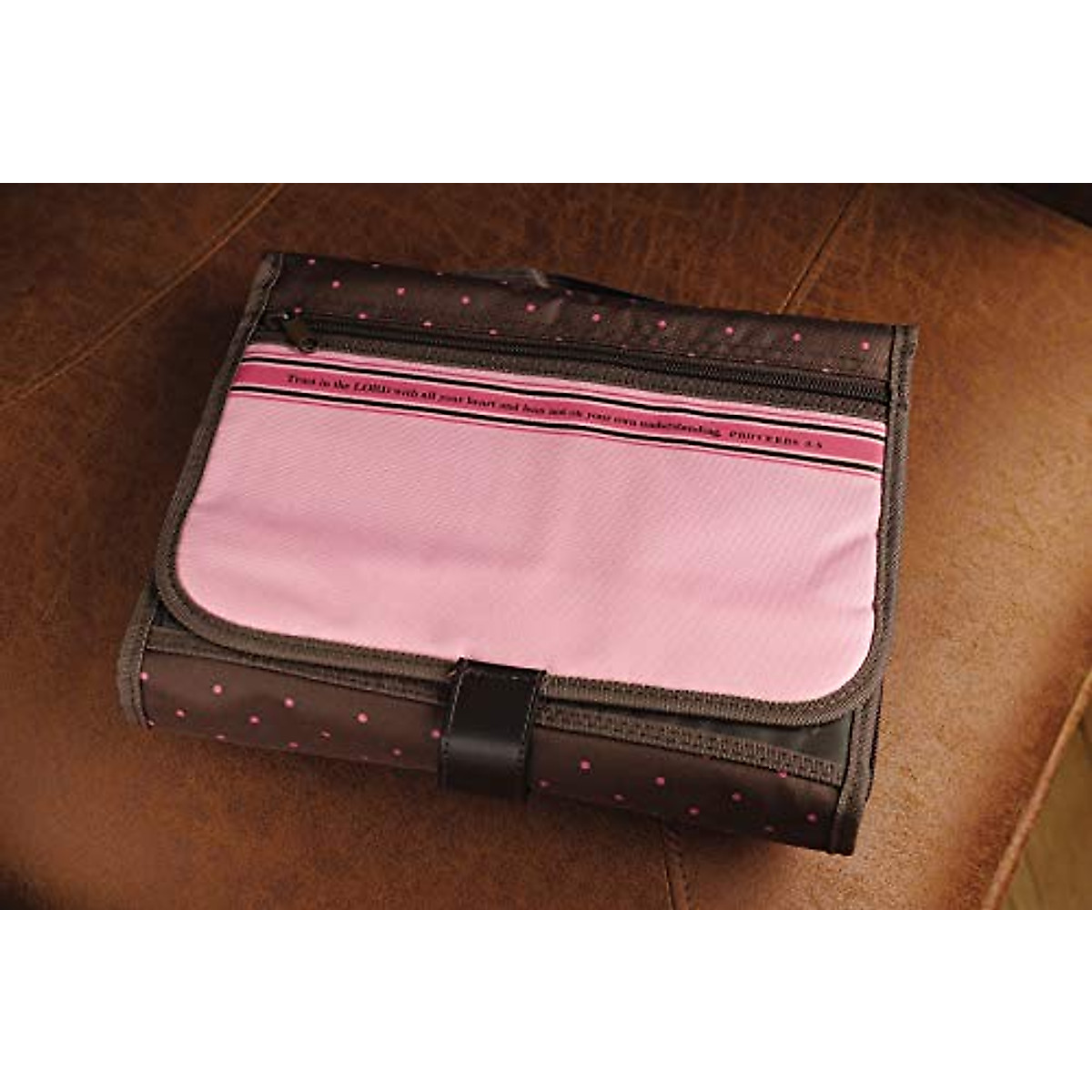 Proverbs 3:5 Tri-fold Bible Cover for Women, Bible Study Organizer, Velcro Closure, Nylon, Pink/Brown, Large