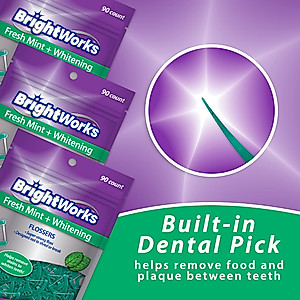 270 Piece BrightWorks Fresh Mint + Whitening Dental Flossers, with Super-Strong Floss for Adults, with Mint-Flavored Floss and Micro-Crystals, 90 Count (Pack of 3)