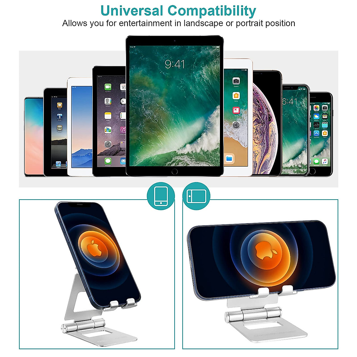 YOSHINE Phone Stand, Adjustable Cell Phone Stand, Foldable Cell Phone Holder with Non-Slip Base, Portable Phone Holder for Desk, Solid Aluminum Stand Holder Dock for iPhone All Smart Phones - Silver