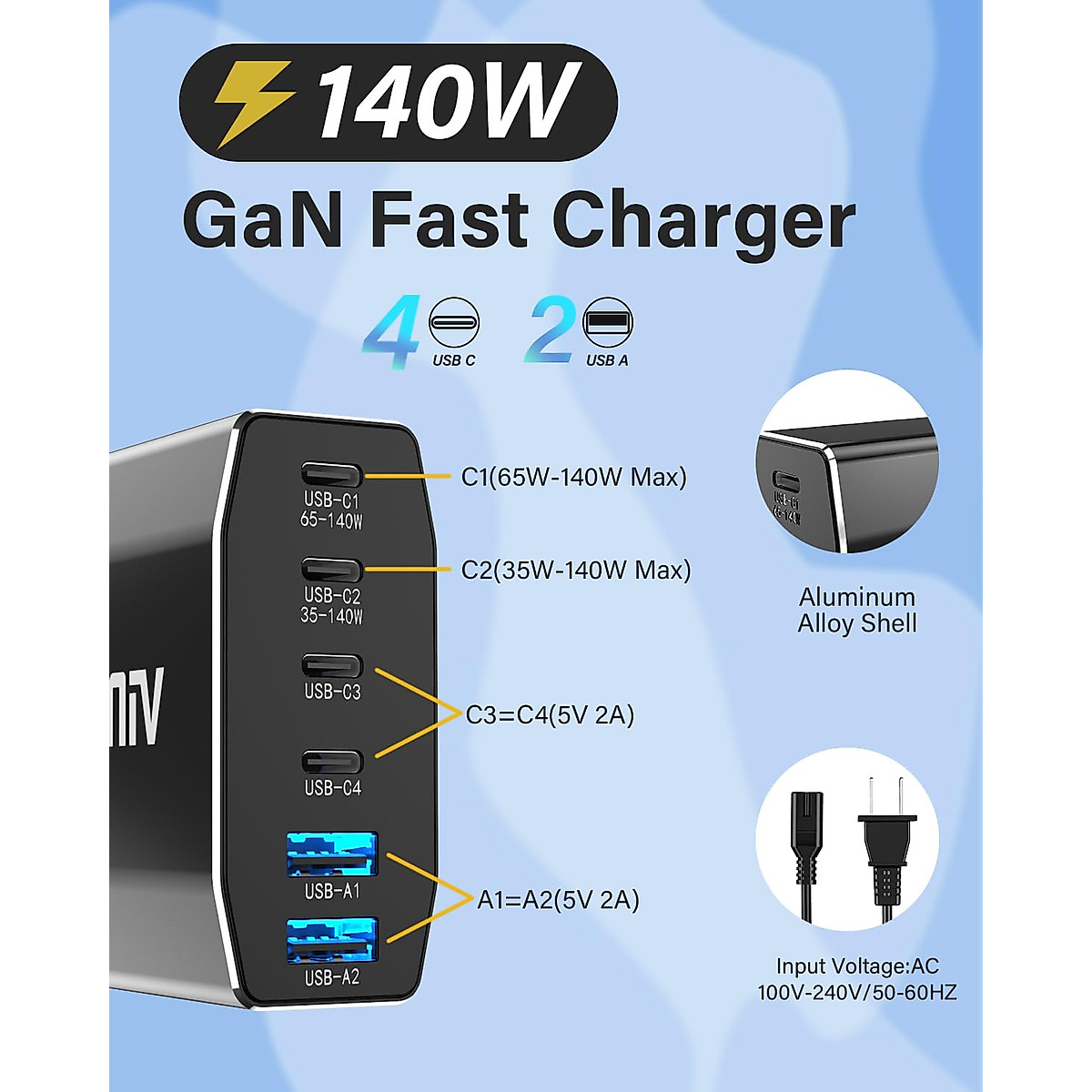 PD3.1 USB C Charger,Dual 65W Port USB C Charging Station,Vimifuso Aluminum Alloy Compact 6 Port USB C Fast Charger for Travel,140W Max Single Port GaN Fast Charger for MacBook Pro/Air M2(Black)