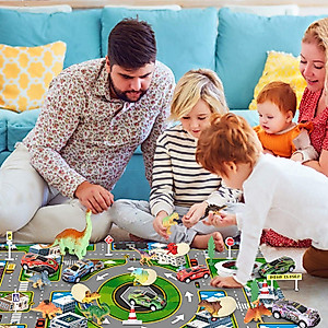 YIMORE Dinosaur Truck Toy Car Transporter Carrier Set Include Dinosaur Figures & Egg Mini Racing Car with Play Mat, Road Signs for Children 37PCS