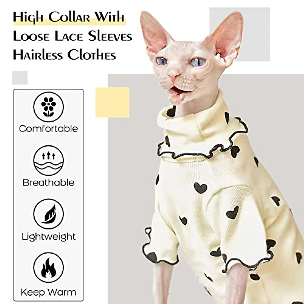 Bonaweite Sphynx Hairless Cats Clothes, Cotton Cute Heart Pattern Sweater T-Shirts with High Collar, Soft Breathable Puff Sleeves Kitten Cat Wear Shirt Apparel for Cornish Rex, Devon Rex, Peterbald
