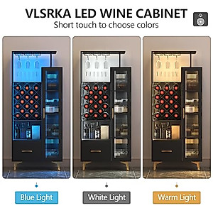 Vlsrka LED Liquor Wine Cabinet, Wine Bar Cabinet with USB Port, Bar Cabinets for 18 Bottle Wine Rack and 3 Glass Holder, Tall Sideboard Buffet Storage Cabinet for Living, Dining Room, Black