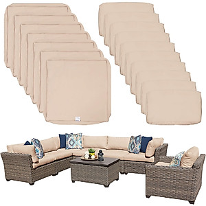 ClawsCover 17Pack Outdoor Seat and Back Cushions Replacement Covers Fit for 8 Pieces 7-Seater Wicker Rattan Patio Furniture Conversation Set Sectional Couch,Light Khaki-Include Cover Only