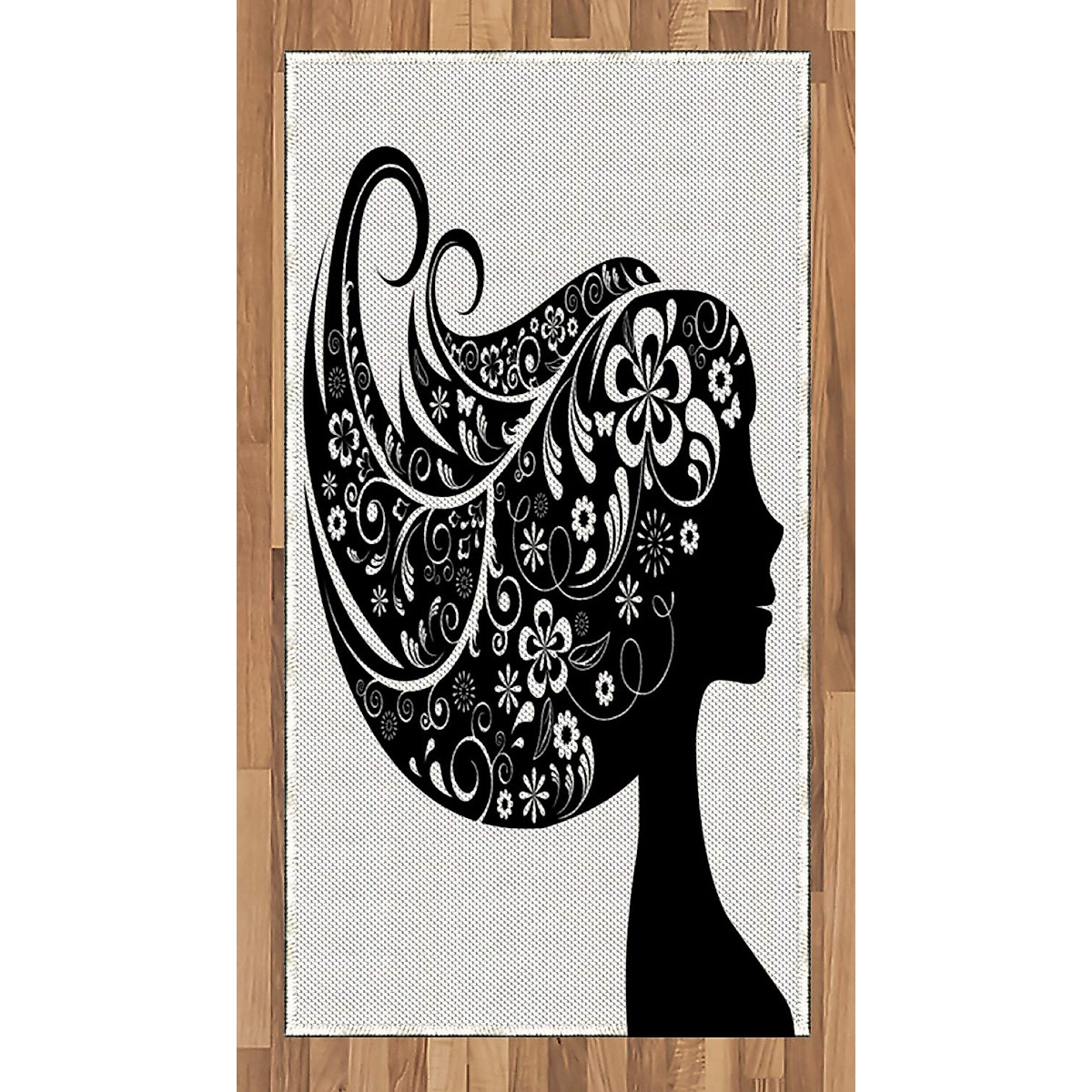 Ambesonne Spring Vibes Area Rug, Traditional Floral Pattern Ornate Lady Silhouette Print on Plain Back, Flat Woven Accent Rug for Living Room Bedroom Dining Room, 2' 6" x 5', Charcoal Grey White