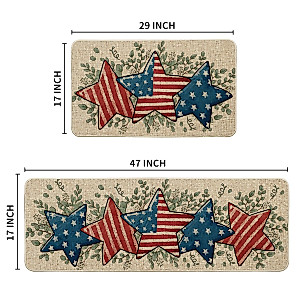Artoid Mode American Flag Stars Eucalyptus Patriotic 4th of July Kitchen Mats Set of 2, Home Decor Kitchen Rugs for Floor - 17x29 and 17x47 Inch