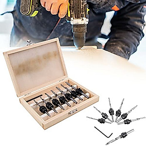 Youwise Countersink Drill Bits Set 7PCS Counter Sink Bit for Wood High Speed Steel, Woodworking Carpentry Reamer with 1 Hex Key Wrench and Wooden Box