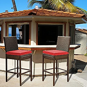 Prime Garden Set of 2 Patio Wicker Bar Stools, Patio Rattan Furniture with Footrest and Red Cushion for Garden Pool Backyard, Brown