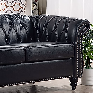 Dvasovio Chesterfield Luxury Leather Sofa, Upholstered PU Sofa with Tufted Back, Classic 3 Seater Leather Couch Rolled Arm for Living Room Office, Black