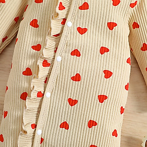 BOUTIKOME Infant Baby Girl Valentines Day Outfit Love Heart Print Footie Romper Ruffle One Piece Onesie Newborn Headband(Beige-10,12-18M)