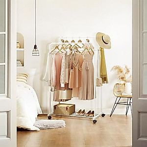 Hoctieon Double Rod Clothes Rack, 2 IN 1 Clothing Rack with Shelves and Wheels for Easy Mobility, Multi-functional Bedroom Garment Rack with 8 Hooks, White