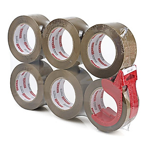 JIALAI HOME Heavy Duty Brown Packing Tape 6 Rolls with Dispenser, 2.4 mil, 1.88 inch x 110 Yards, Ultra Strong, Refill for Industrial Shipping Box Packaging Tape for Moving, Office, & Storage