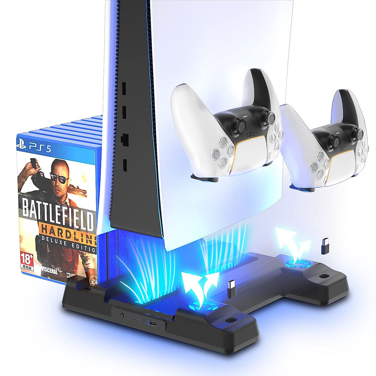 HEATFUN PS5 Charger Stand with Cooling Fan, 3 Levels Adjustable Speed, 12 Game Rack Organizer, Dual USB Ports, LED Indicator, Compatible with Disc and Digital Versions