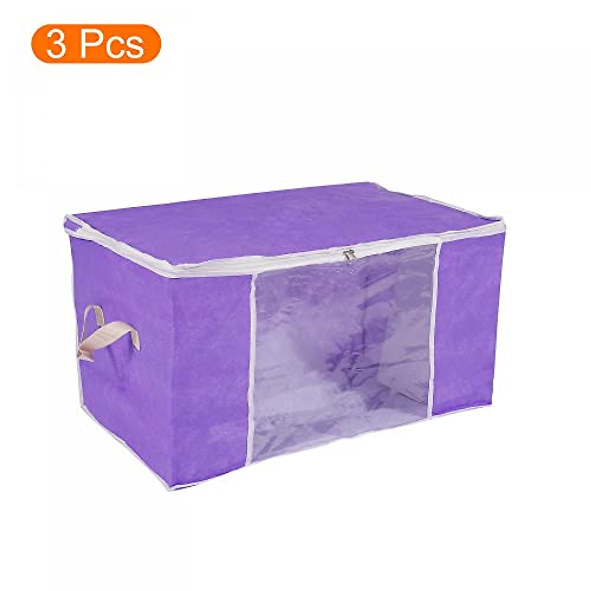 uxcell Clothes Storage Bag 3pcs, Foldable Storage Bins for Clothes, Comforters Storage Bags with Reinforced Handle, Sturdy Zipper, Closet Organizer with Clear Window-Purple