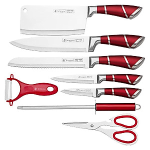 Kitchen Knife Set, CHEFDEER 9-Piece Pink Sharp Non-Stick Coated Chef Knives Block Set,Stainless Steel Knife Set for Kitchen with Sharpener for Cutting Slicing Dicing Chopping (Red)