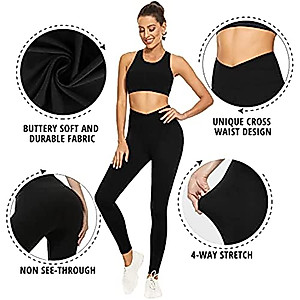 V Cross Waist Leggings for Women-Tummy Control Soft Workout Running High Waisted Non See Through Black Yoga Pants