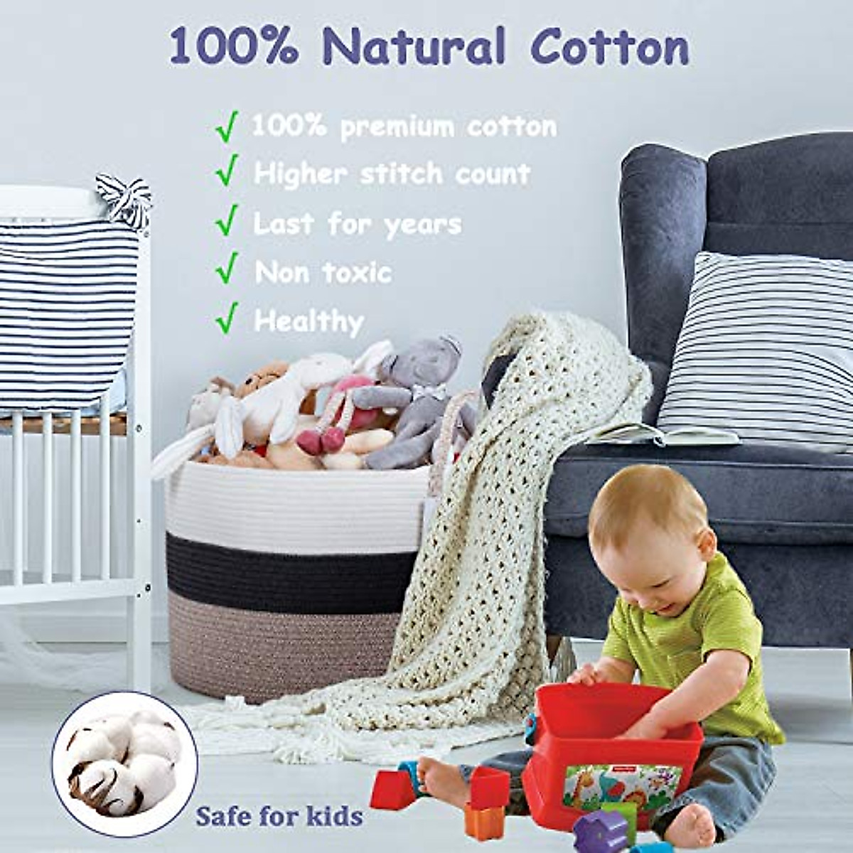 Extra Large Woven Cotton Rope Basket 21.7"X13.8" | XXXL Storage Basket Kid&Baby Clothes Hamper Laundry Bin Nursery with Handles for Toys,Towels,Pillows-Decor Blanket Basket Living Room