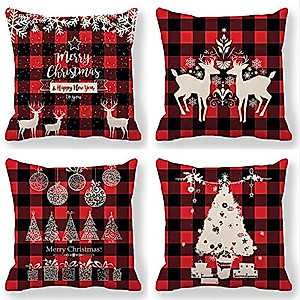 Scceatti Christmas Throw Pillow Covers 18x18 in Liene Square Farmhouse Pillow Cover with Zipper Plaid Textured Striped Boho Xmas New Pillowcases Protector for Couch Bed Living Room Decorations Gifts