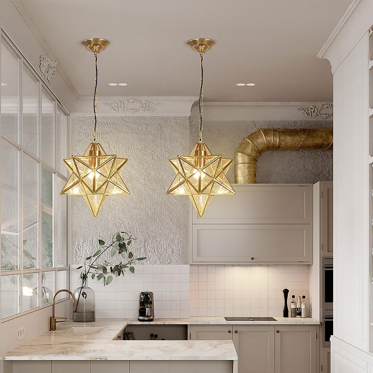 IBalody Moravian Star Pendant Light Gold Copper Hanging Light Star Lights Fixture Dining Room Kitchen Island Pendant Lighting Pendant Lamp 11 in with Clear Glass Shade