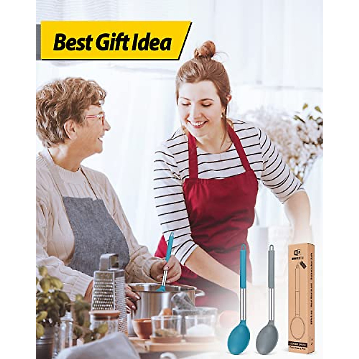 Pack of 2 Large Silicone Cooking Spoon Non Stick Solid Basting Spoons Heat-Resistant Kitchen Utensils for Mixing Serving (Gray-Blue)