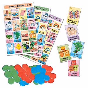 More Fiesta Bilingual Bingo Game Set in English and Spanish, Mexican Bingo for 10 Players - 10 Boards, Full Deck of Cards and Chips