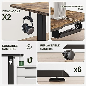 BANTI Triple Motor 63'' L-Shaped Standing Desk with LED Light Strip and Power Outlet, Height Adjustable Standing Corner Desk with Double Shelves, Rustic Top