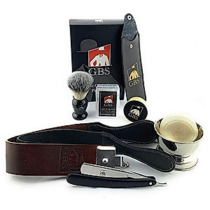 G.B.S Wet Shaving Kit for Men Shaving Kit Includes 6/8in Rust-free Straight Razor with Black Wooden Handle, Synthetic Brush with chrome Shave Soap Bowl Leather Strop