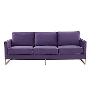 LeisureMod Lincoln Modern Mid-Century Upholstered Velvet 83" Sofa with Gold Frame, Purple