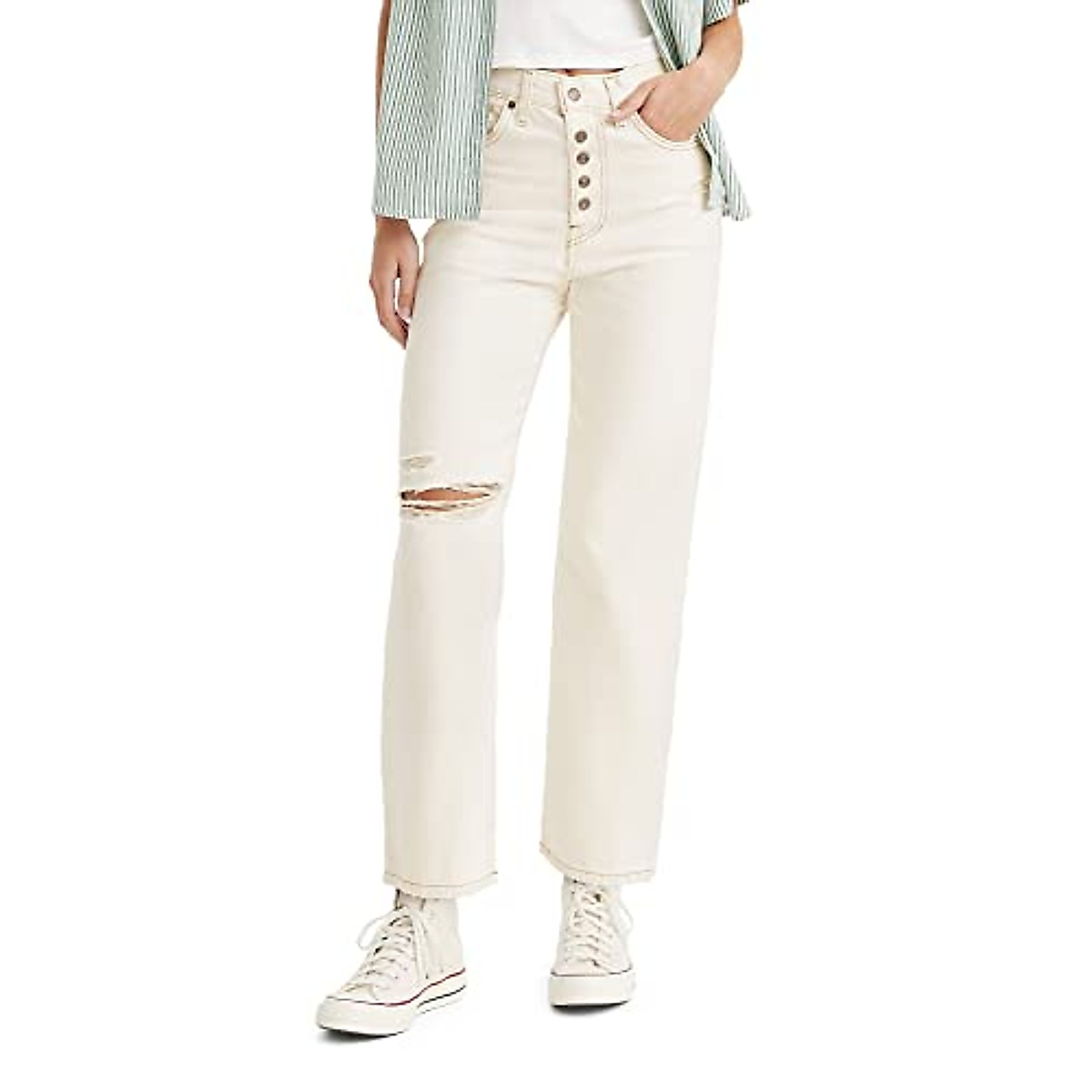 Levi's Women's Snap Ribcage Straight Ankle Jeans, (New) White Destructed, 31