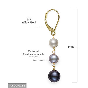 14k Yellow Gold Cultured Freshwater Pearl Trio Dangle Drop Earrings (Multi-Black)