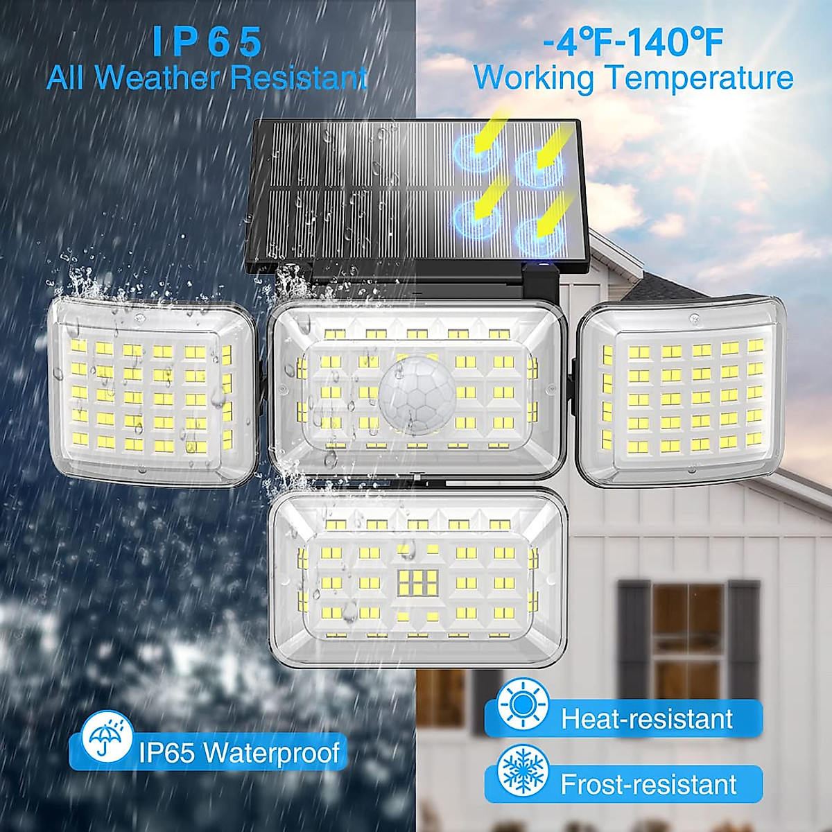 Solar Lights Outdoor, 250 LED 2500LM Security Motion Sensor Flood Light with 4 Adjustable Heads, IP67 Waterproof, 3 Modes & 300° Wide Angle Smart Outside Wall Light for Garden Pathway Garage, 2 Pack