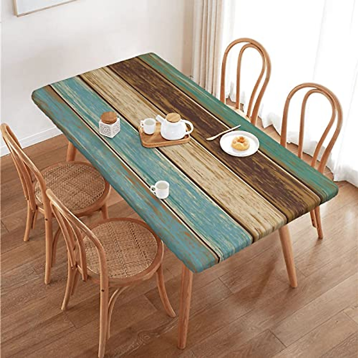 Aiojool Teal Wood Grain Tablecloth Fitted Table Cloth for 4 Foot Rectangle Table, Elastic Edged Table Cover for Indoor Outdoor Patio Picnic, 30 X 48 Inch