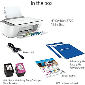 HP DeskJet 27 22 All-in-One Wireless Color Inkjet Printer, White - Print, Scan, Copy - 1200 x 1200 dpi, Flatbed Scanner, Icon LCD Display, WiFi, Bluetooth, USB Connectivity, CBMOUN Printer Cable