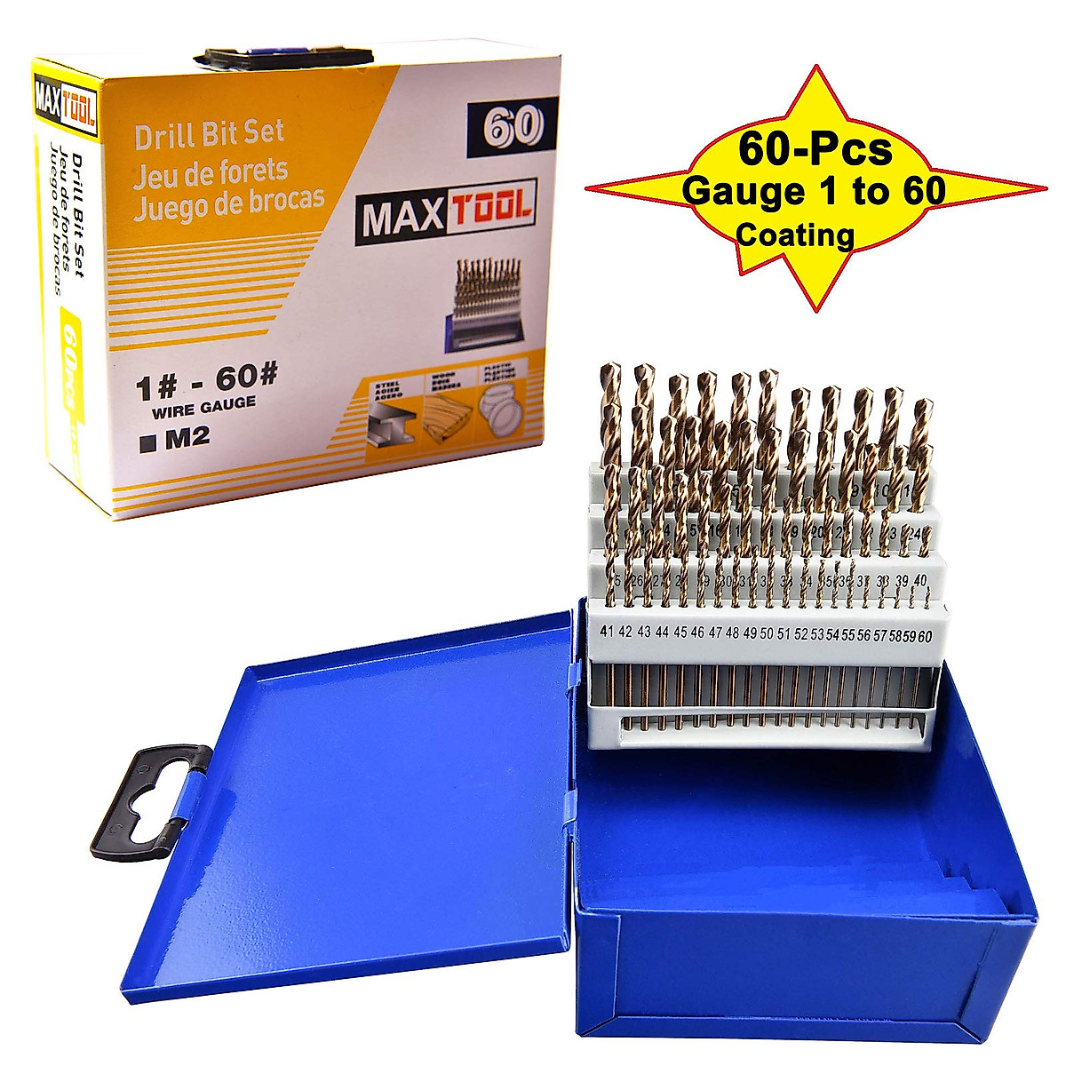 MaxTool 60 Pieces/60PCs Twist Drill Bit Set 60-Piece Drill Set Jobber Length High Speed Steel M2 Fully Ground Wire Gauge 1-60; JBS02G10R60