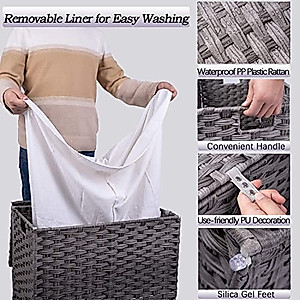 Crehomfy Laundry Hamper with Wheel and Removable Liner Bag, 130L Synthetic Rattan Wicker Handwoven Laundry Basket with Lid and Handle, 3 Section Divided Dirty Clothes Hamper for Laundry Bedroom Gray