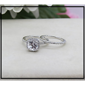 Dazzlingrock Collection Cushion Lab Created White Sapphire & Round Natural White Diamond Bridal Halo Engagement Ring Set, 10K White Gold, Size 7