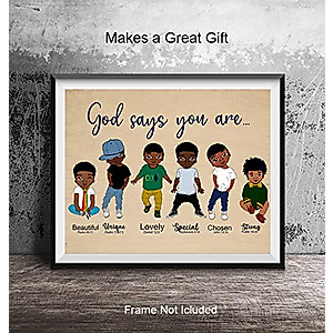 God Says You Are Wall Art - Religious Wall Decor for African American Boys - Christian Gifts - Scripture Wall Decor - God Wall Art - Black Boys Room Decor - Motivational Inspirational Bible Verses