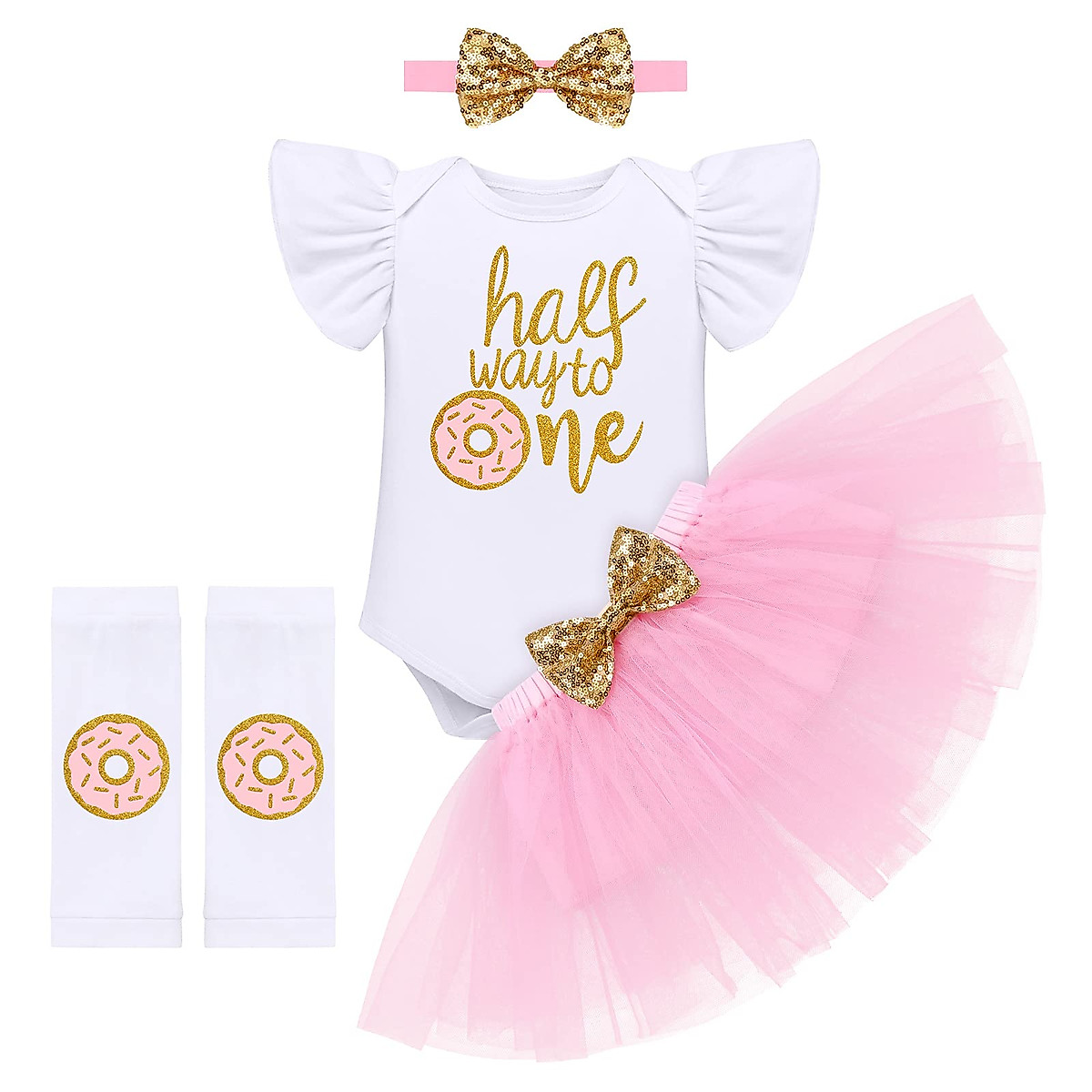 IBTOM CASTLE Newborn Toddler Baby Kid Girls Big Sister Outfits Clothing Set 1st Birthday Donut Letter Print Party Dress up 4Pcs Photo Cake Smash Formal Suit Donut Gold-half way to one 6 Months