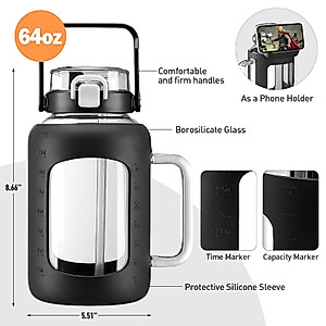 HYDRAGLAZIC 64oz Glass Water Bottle, Glass Tumblers with Straw and Handle, Cup with Silicone Sleeve, Wide Mouth Half Gallon Water Bottle with Time and Water Marker, Water Jug Black