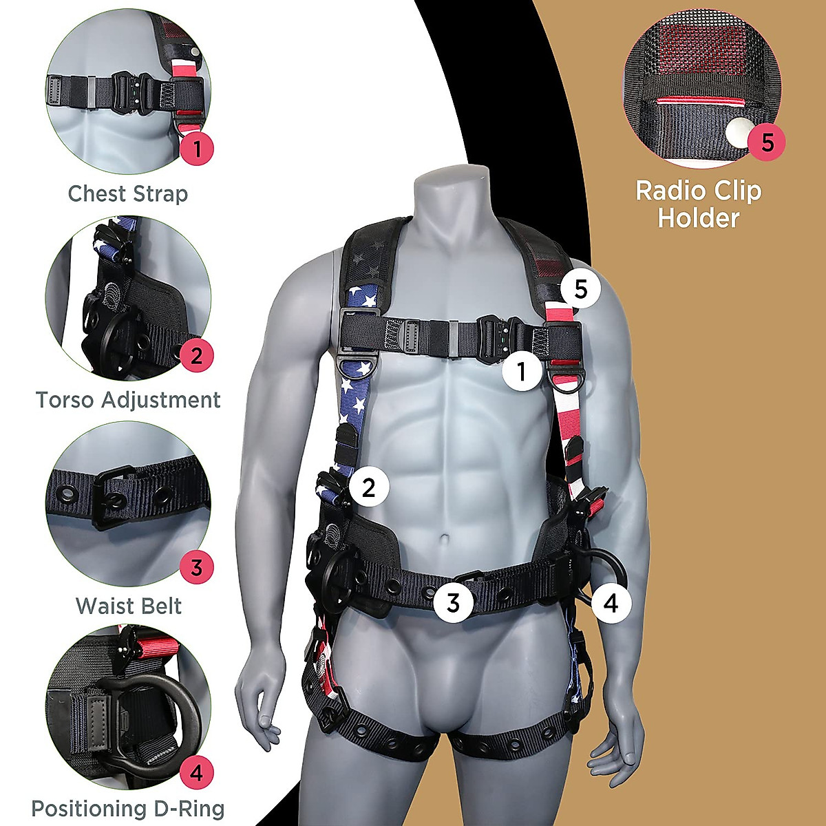 AFP Fall Protection Full-Body Premium American Flag Safety Harness, Vented & Padded Shoulder, Legs & Back, 8” Thick Back Support Belt, Aluminum D-Rings, Tongue Buckle, Quick Release (OSHA/ANSI PPE)
