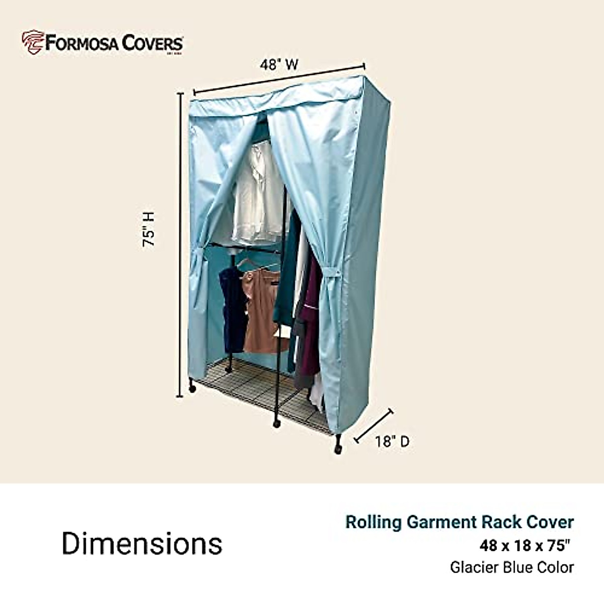 Formosa Covers Portable Garment Rolling Rack Cover - Protect Your Clothes from Dust Keep Your Room Looking Organized in Glacier Blue (Cover Only) (48"W x 18"D x 75"H)