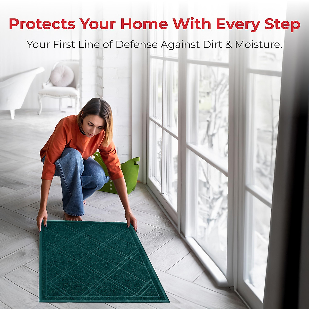 SlipToGrip Durable Door Mat - Green Plaid Design Entryway Rug - 42x35 inches, No-Slip and Washable - Indoor and Outdoor Use, Weatherproof - Ideal for Garage, Patio, and Front Entryway