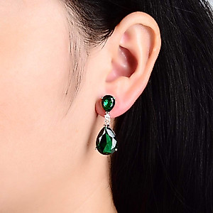 [RIZILIA CELEBOX] Teardrop Dangle Pierced 1.1" Earrings with Pear Cut CZ [Simulated Green Emerald] in White Gold Plated, Celebrity inspired by Angelina Jolie