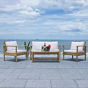 Safavieh Outdoor Collection Garnen Wicker Cushion 4-Piece Living Set PAT7714D, Natural/White