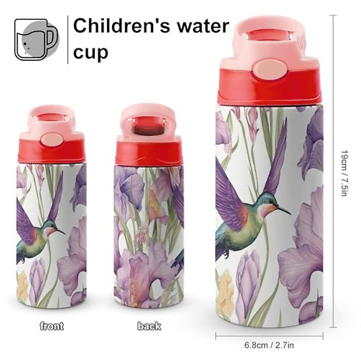 Stainless Steel Water Bottles Hummingbirds Irises Flowers Travel Water Cups with Handle And Silicone Straw Drinking Cup with Leak Proof Lid Thermo Travel Mug for Women Men