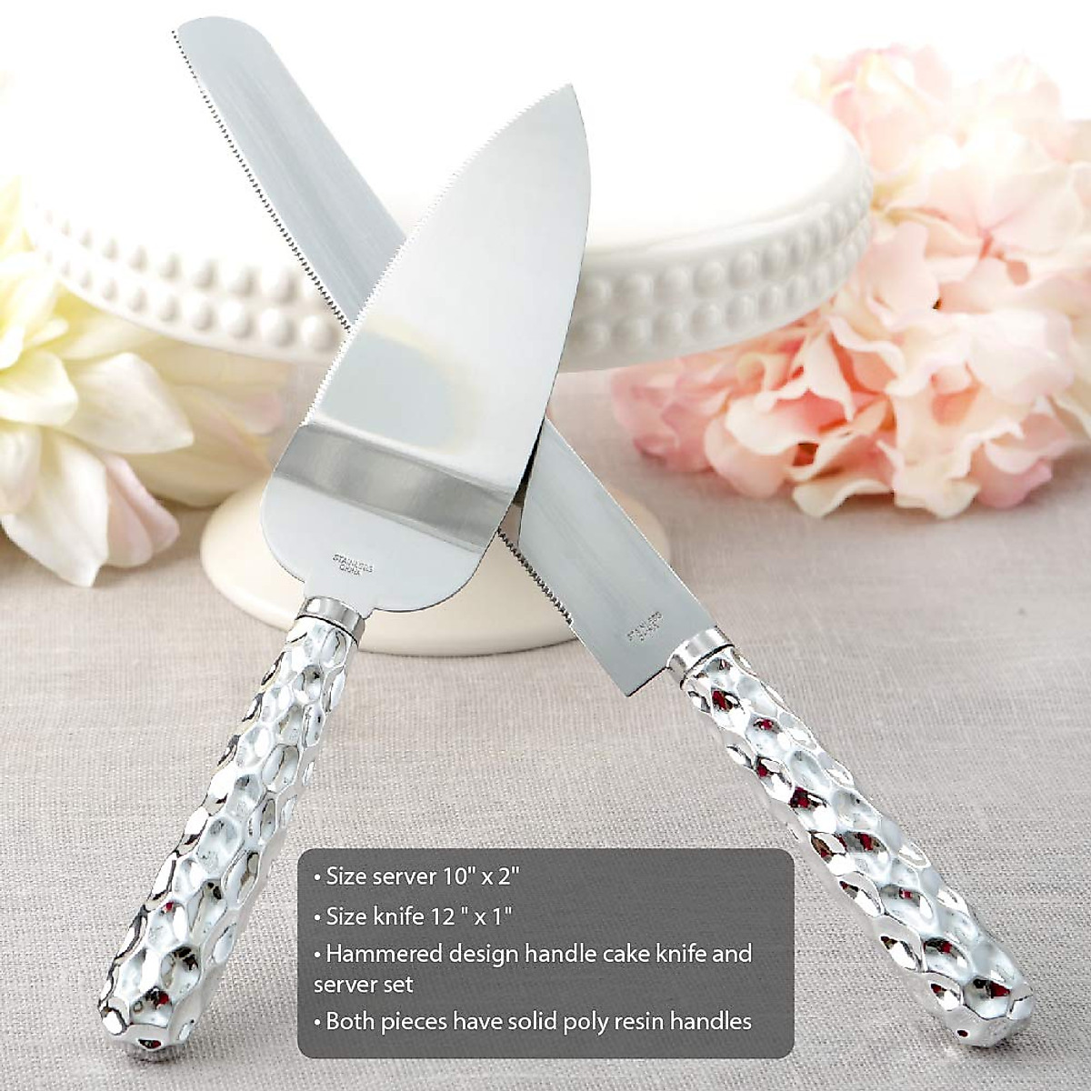 FASHIONCRAFT Hammered Design Handle Cake Knife and Server Set – Wedding Favor, One Size, Stainless Steel Blades with Shiny Silver Handles