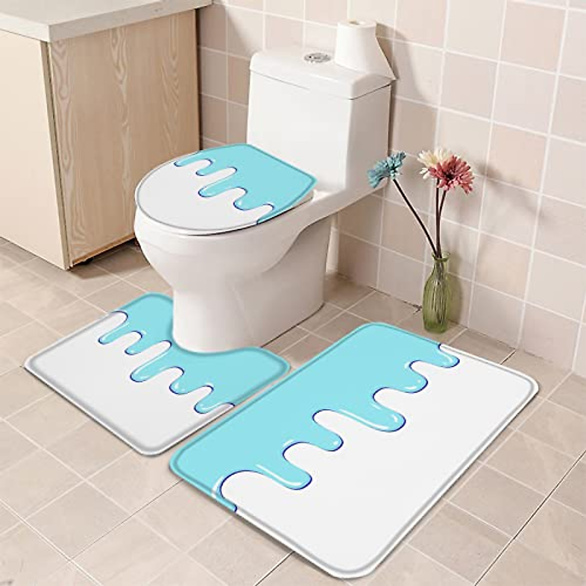Apular Fashion 3 Piece Bath Rugs Set Ice Cream Sprinkle Blue Cartoon Summer Printed Non Slip Ultra Soft Bathroom Mats, U Shape Mat and Toilet Lid Cover Mat Bath Mats