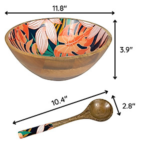 Muldale Large Wooden Salad Bowl Set and Salad Servers 12" - Mango Wood Floral Mexican Salad Tongs and Bowl - Sturdy Food Safe Rustic Wooden Bowl for Salads - Outdoor Grill Dining