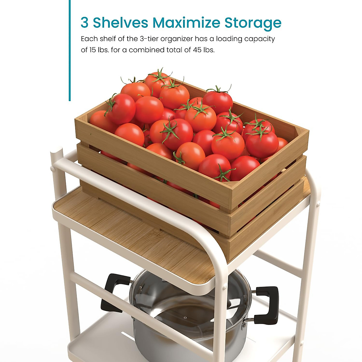 Home Zone Living 3 Tiers Storage Racks and Shelving, Bamboo Accent with Steel Frame, Standing Shelf for Kitchen, Living Room, Bathroom, Balcony, Multipurpose Rack, White